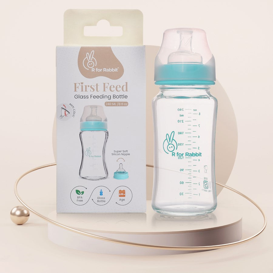 First Feed Glass Feeding Bottle for Infants (240ML) - R For Rabbit