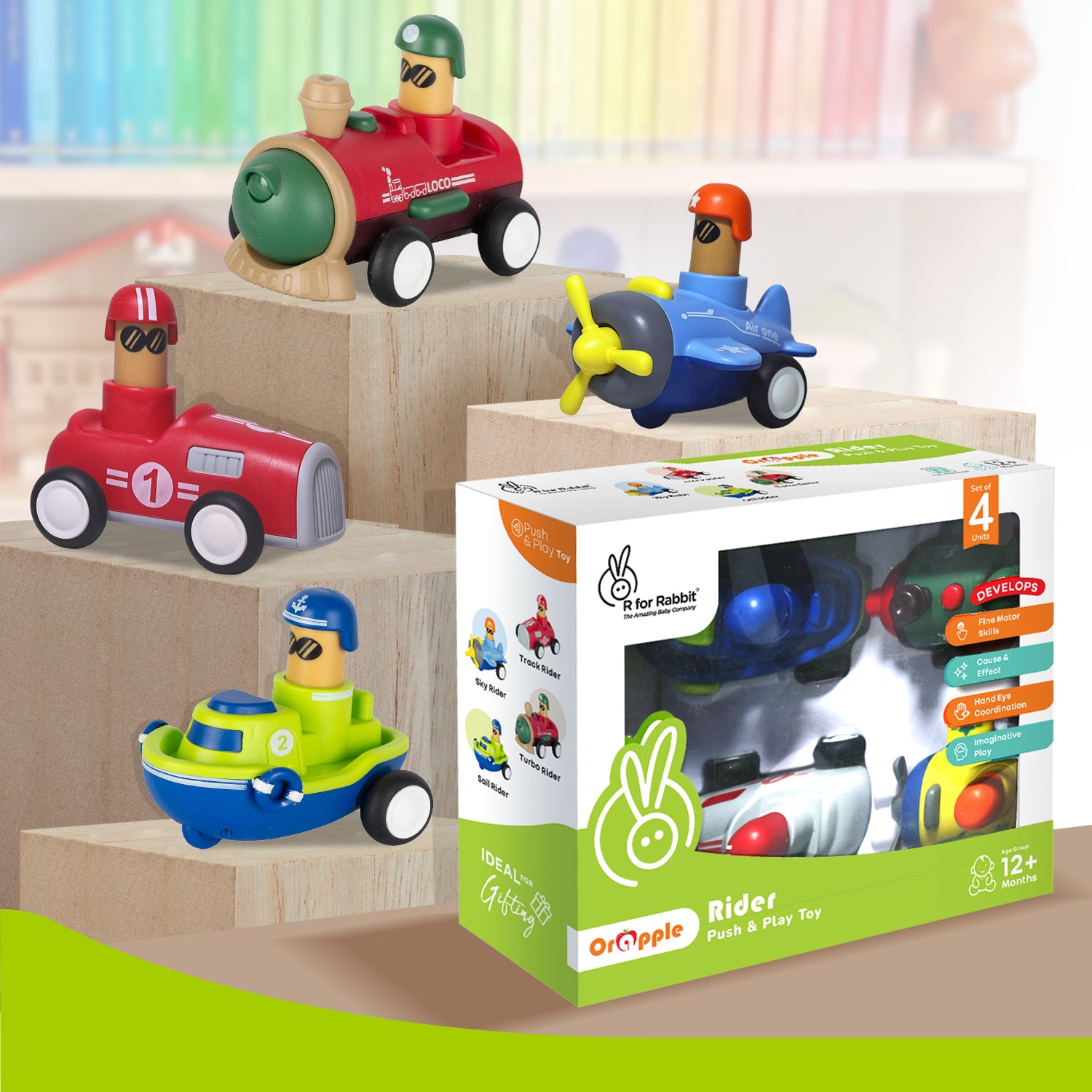 Orapple Rider Set of 4 Push-and-Play Rider Toys for Toddlers